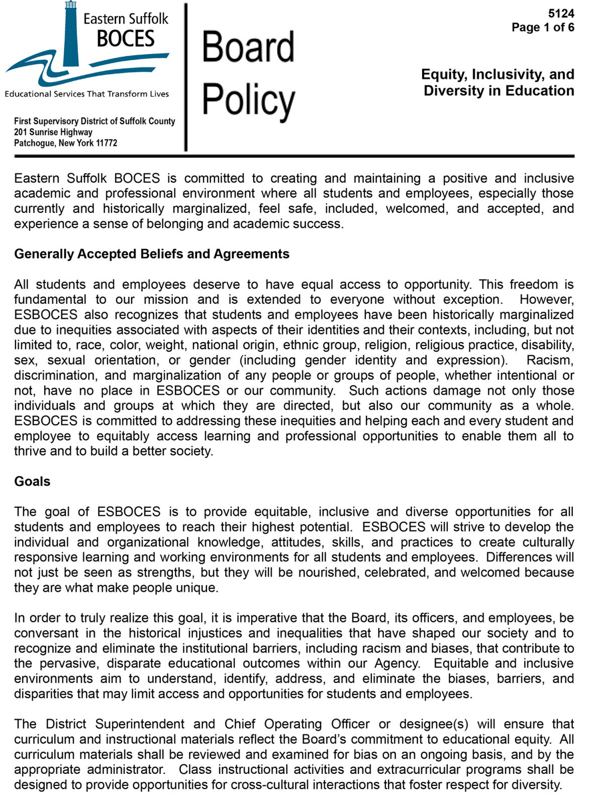 Policy 5124 Equity, Inclusivity, and Diversity in Education - BOCES of ...